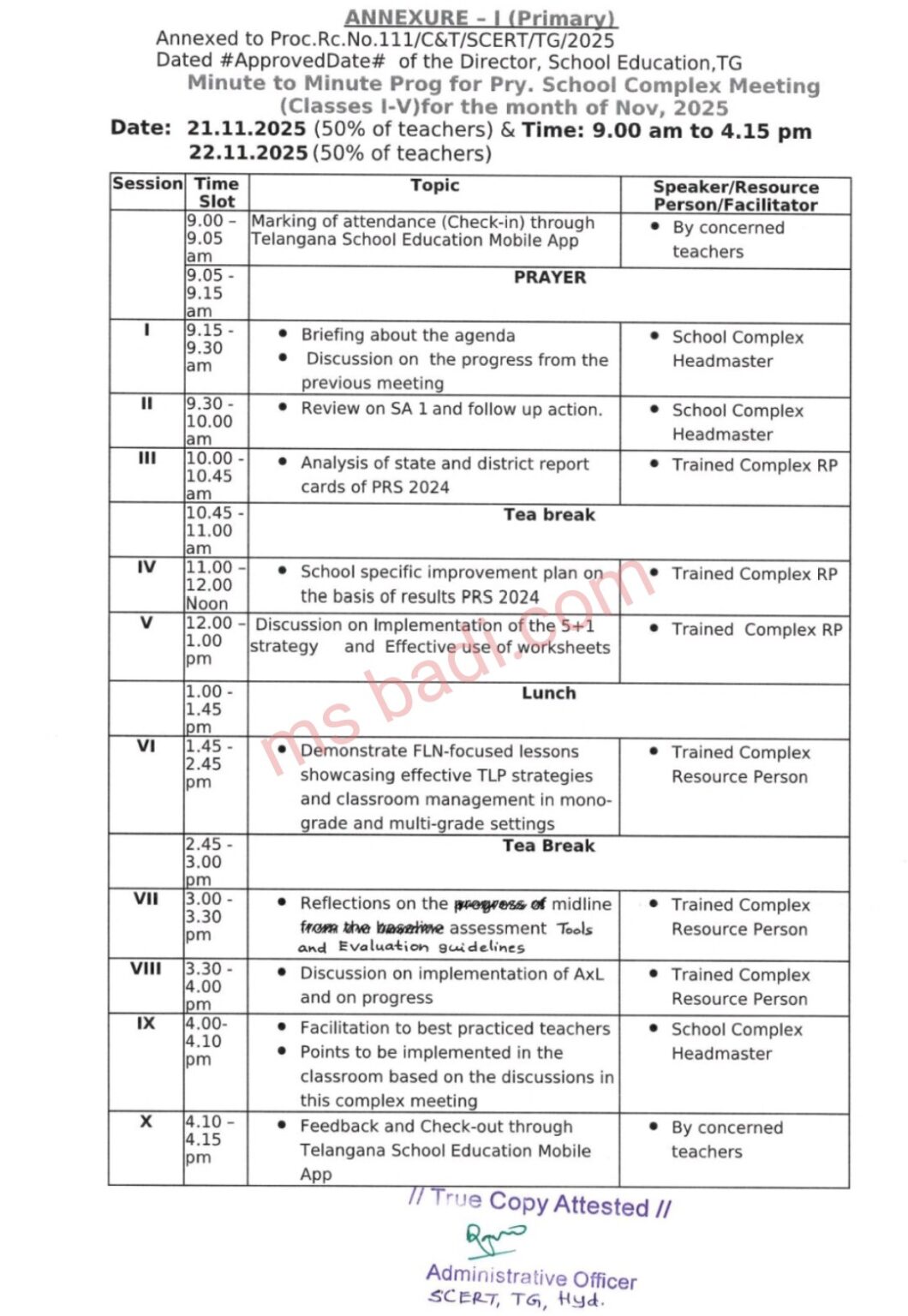 PRIMARY LEVEL SCHOOL COMPLEX MEETING AGENDA AND MINUTE TO MINUTE ISSUES ...